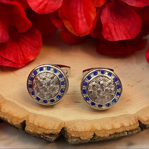 Accessories | Elegant Blue Crystal Round Silver Cufflinks | Poshmark